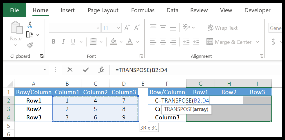 Excel TRANSPOSE Function Example Sample File