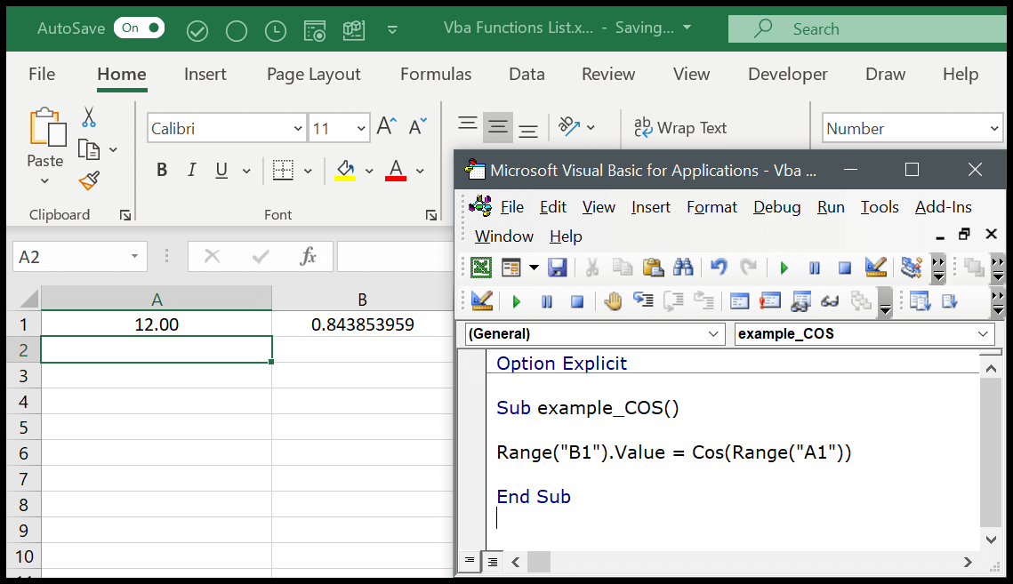 VBA COS Function Syntax Example 