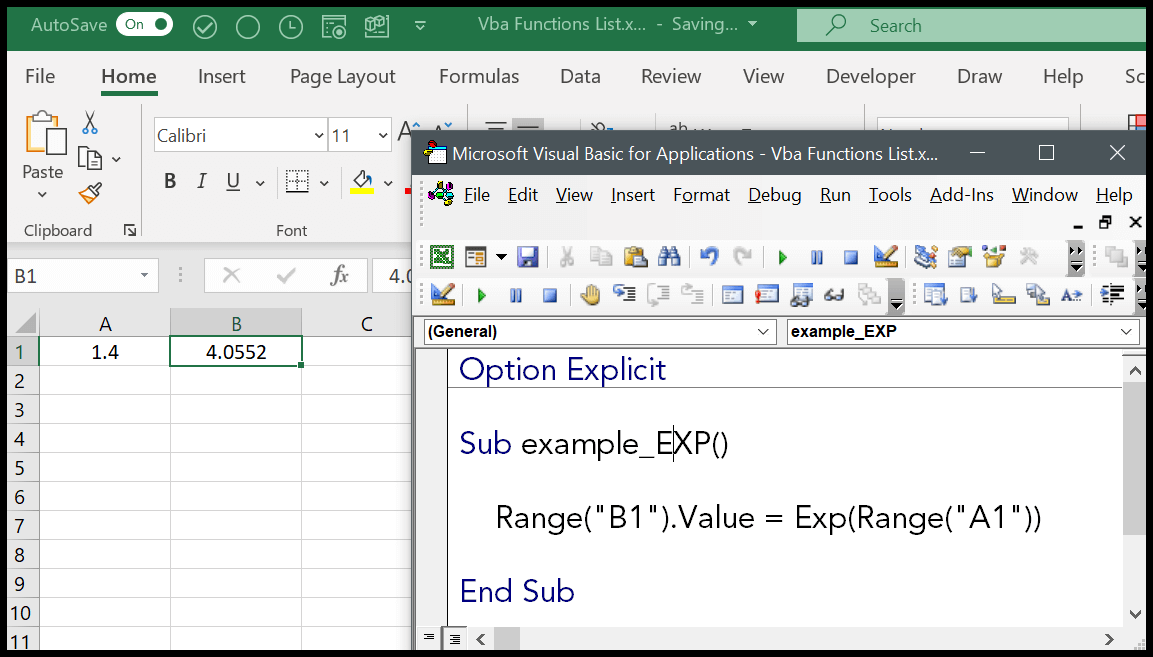 VBA EXP Function Syntax Example 