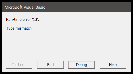 VBA Type Mismatch Error Error 13 