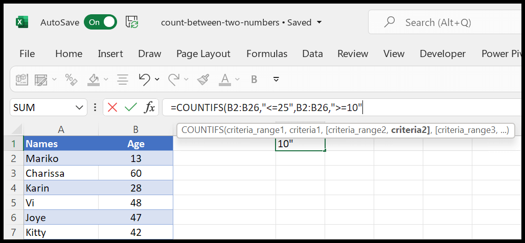 Count Between Two Numbers (COUNTIFS) | Excel Formula