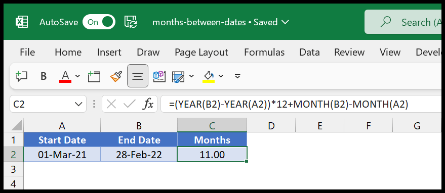 Get Months Between Two Dates Excel Formula