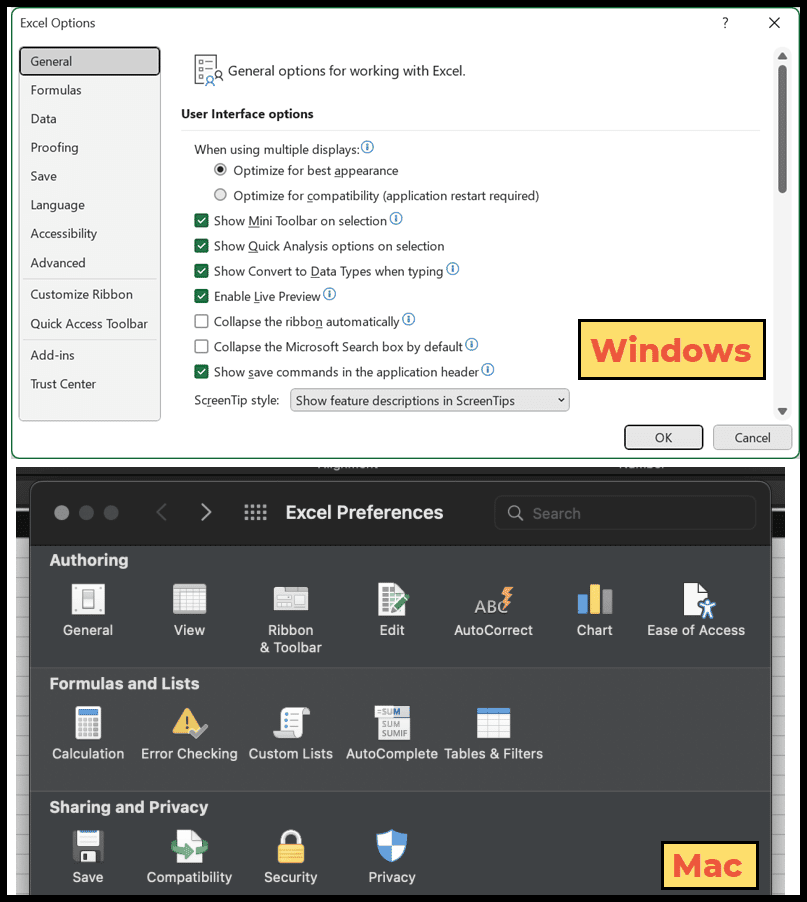 Excel Options Mac And Windows Excel Tutorial 