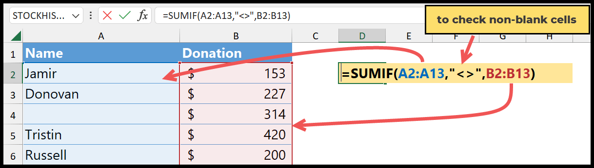SUMIF Not-Blank (Sum Values for Non-Empty Cells) SUMIF Not-Blank (Sum Values for Non-Empty Cells)