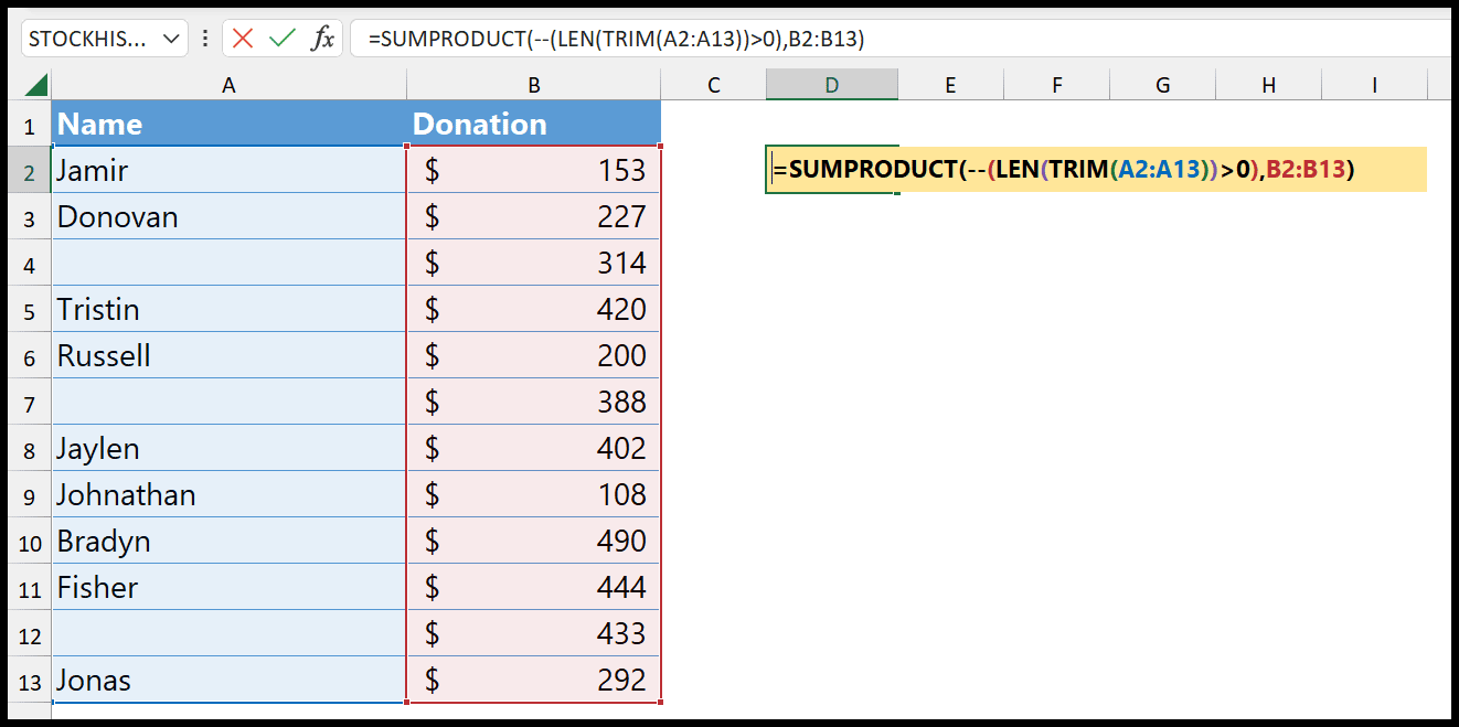 SUMIF Not-Blank (Sum Values for Non-Empty Cells)