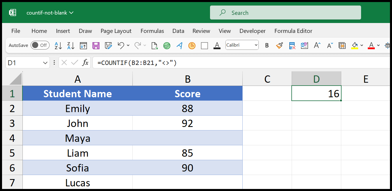 Count Cells that are Not Blank in Excel (COUNTIF)